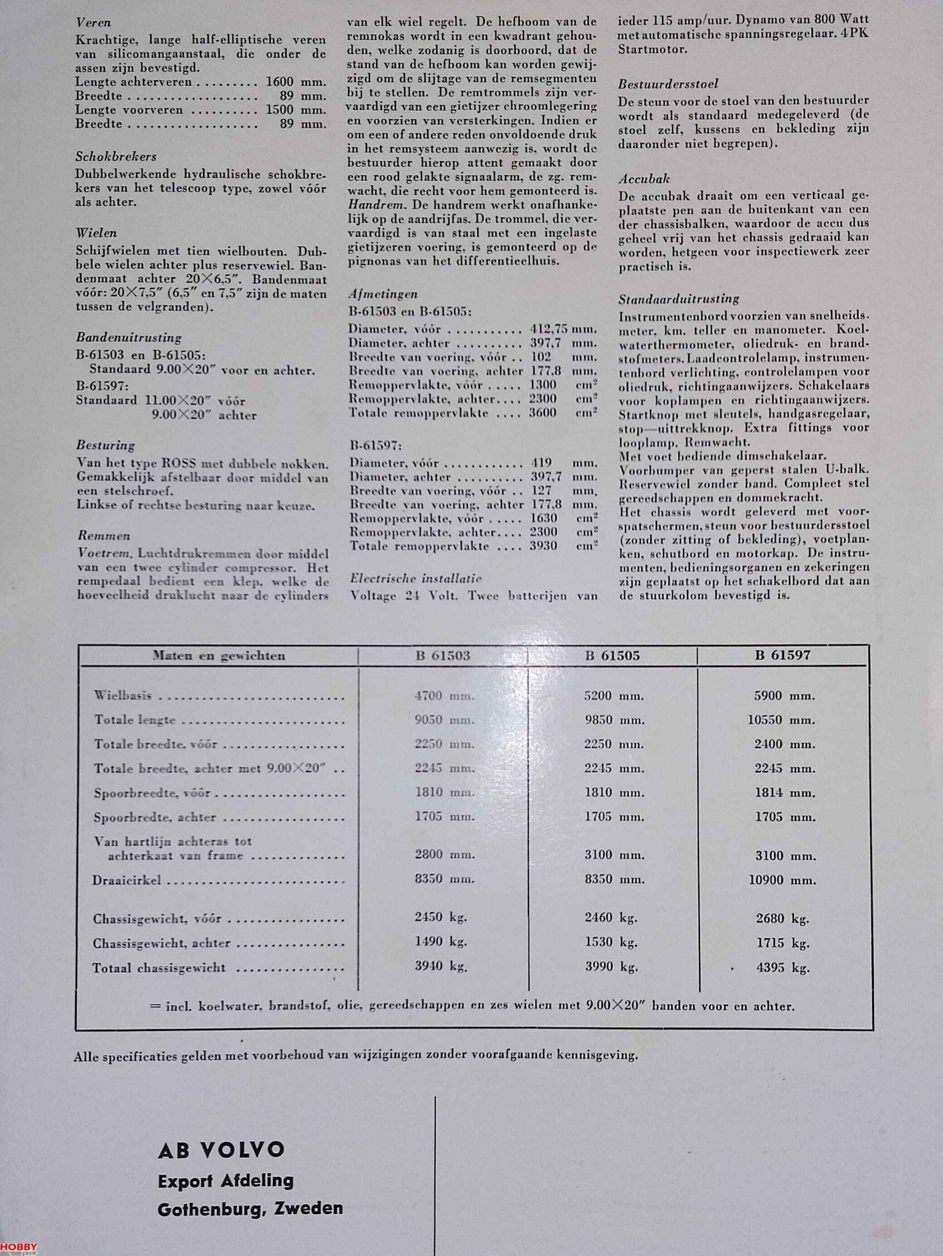 Volvo B615 Autobus Chassis Leaflet - Hobbyprof